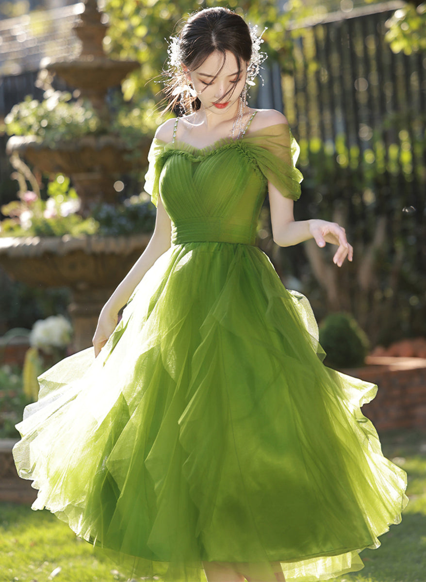 Lovely Green Tulle Beaded Straps Short Party Dress Green Short Homeco Beautydressy