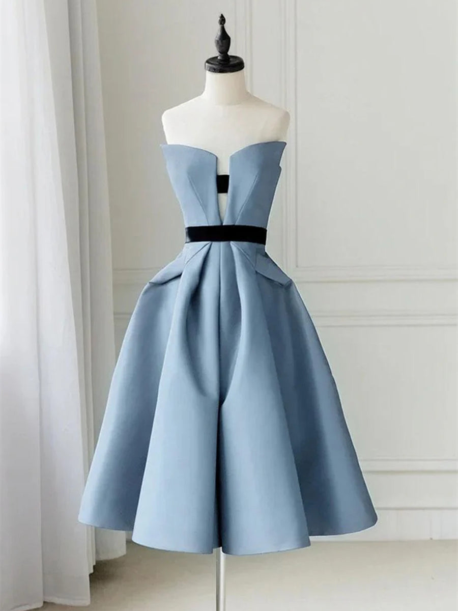Blue Satin Short Strapless A-line Homecoming Dress, Blue Satin Short P ...