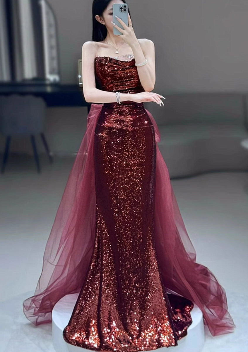 Wine Red Sequins and Tulle Mermaid Long Party Dress, Wine Red Chic Pro ...