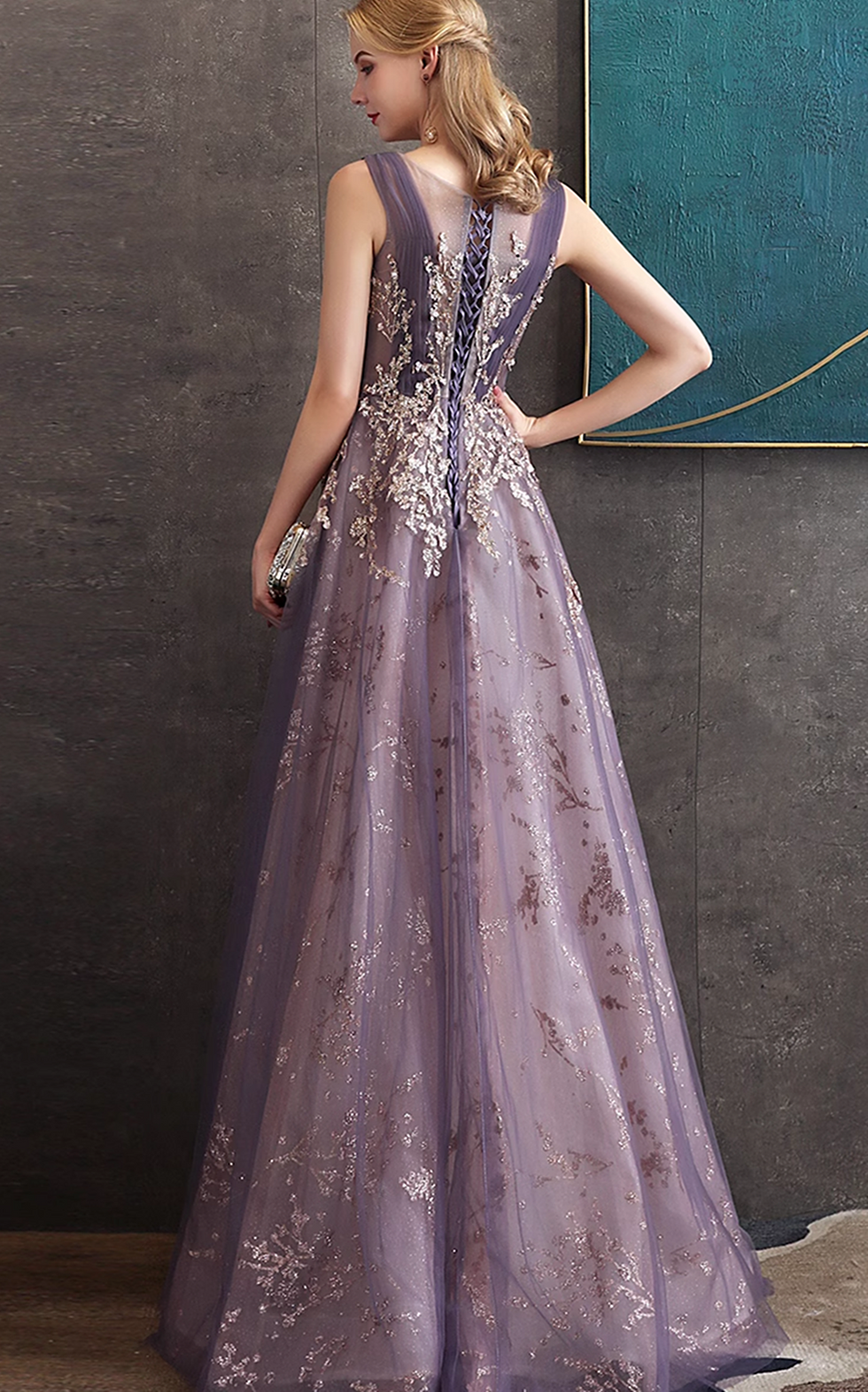 A-line Purple Tulle with Lace Applique Long Formal Dress, Purple Bride ...