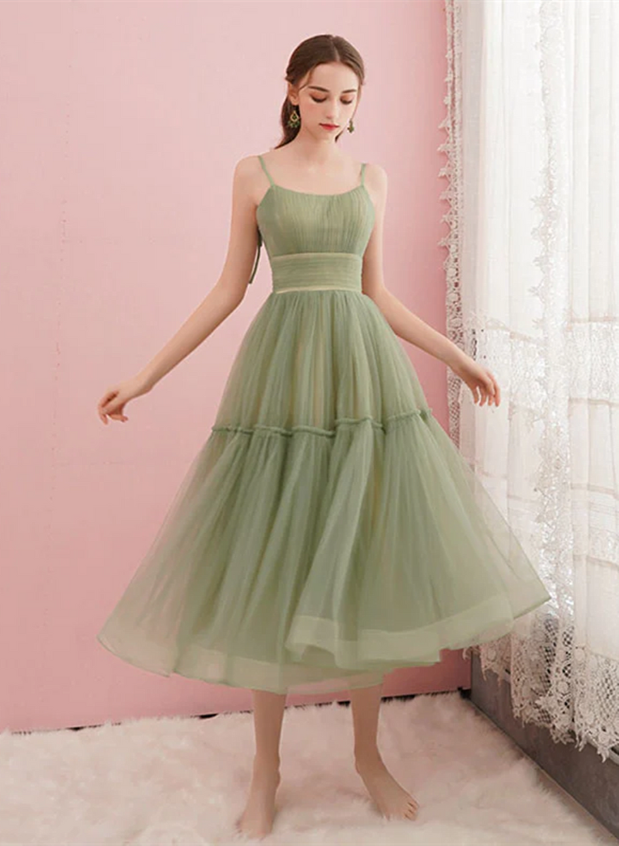 Cute Tea Length Tulle Straps Party Dress, A-line Tulle Formal Dress Ev ...