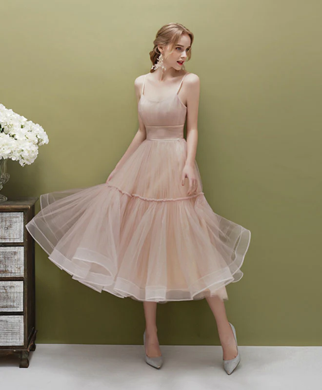 Cute Tea Length Tulle Straps Party Dress, A-line Tulle Formal Dress Ev ...