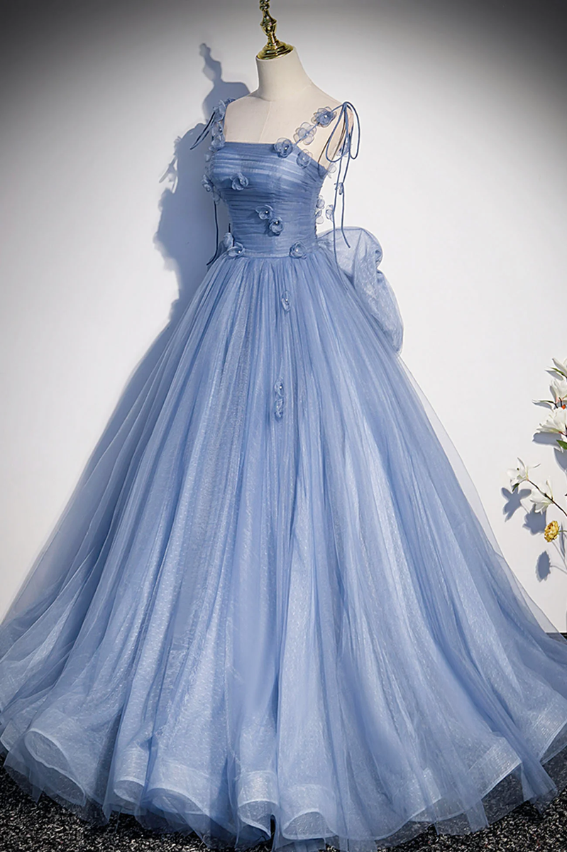 Blue Spaghetti Strap Tulle with Flowers Long Formal Dress, Blue Party ...