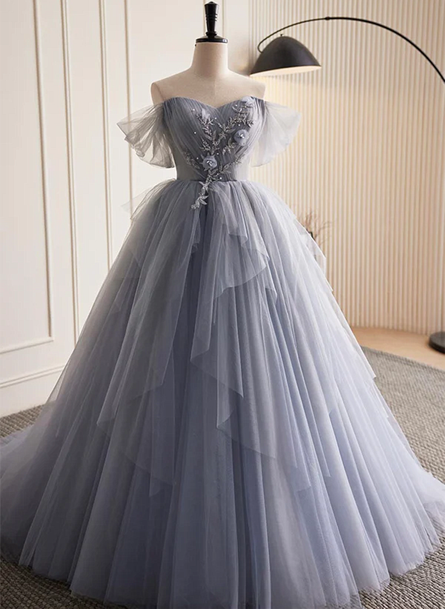 Glam Blue-Grey Tulle with Lace Applique Long Party Dress, Tulle Formal ...
