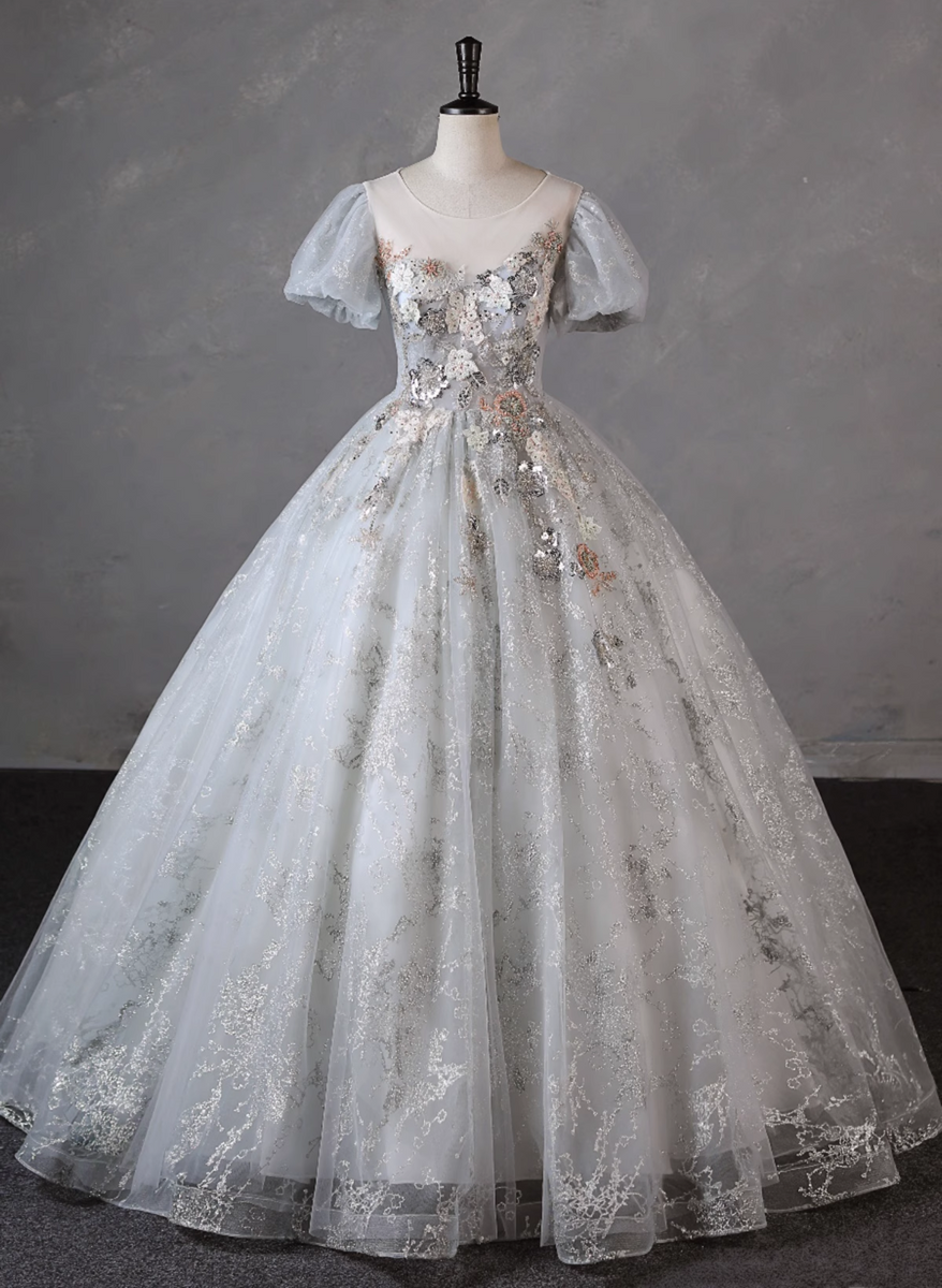 Grey Short Sleeves Tulle Ball Gown Prom Dress, Grey Ball Gown Sweet 16 ...
