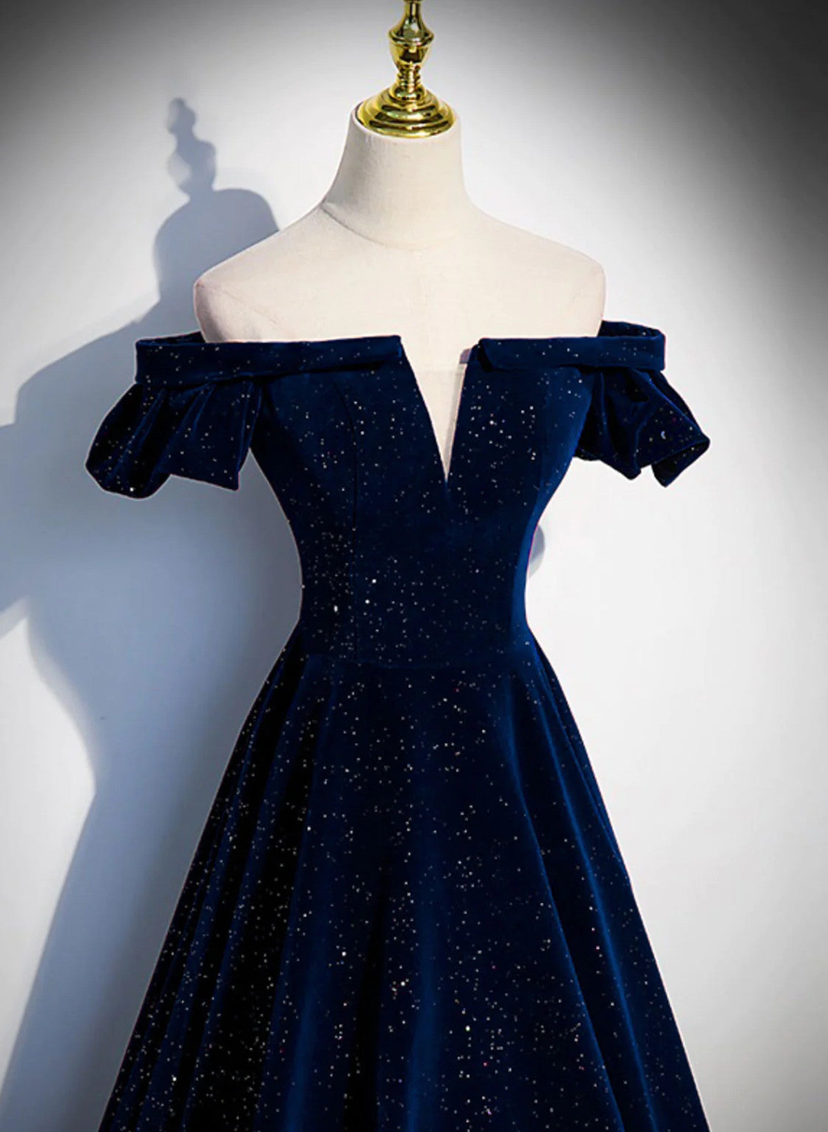 A-line Simple Navy Blue Velvet Off Shoulder Prom Dress, Navy Blue Even ...