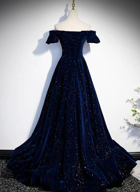 A-line Simple Navy Blue Velvet Off Shoulder Prom Dress, Navy Blue Even ...
