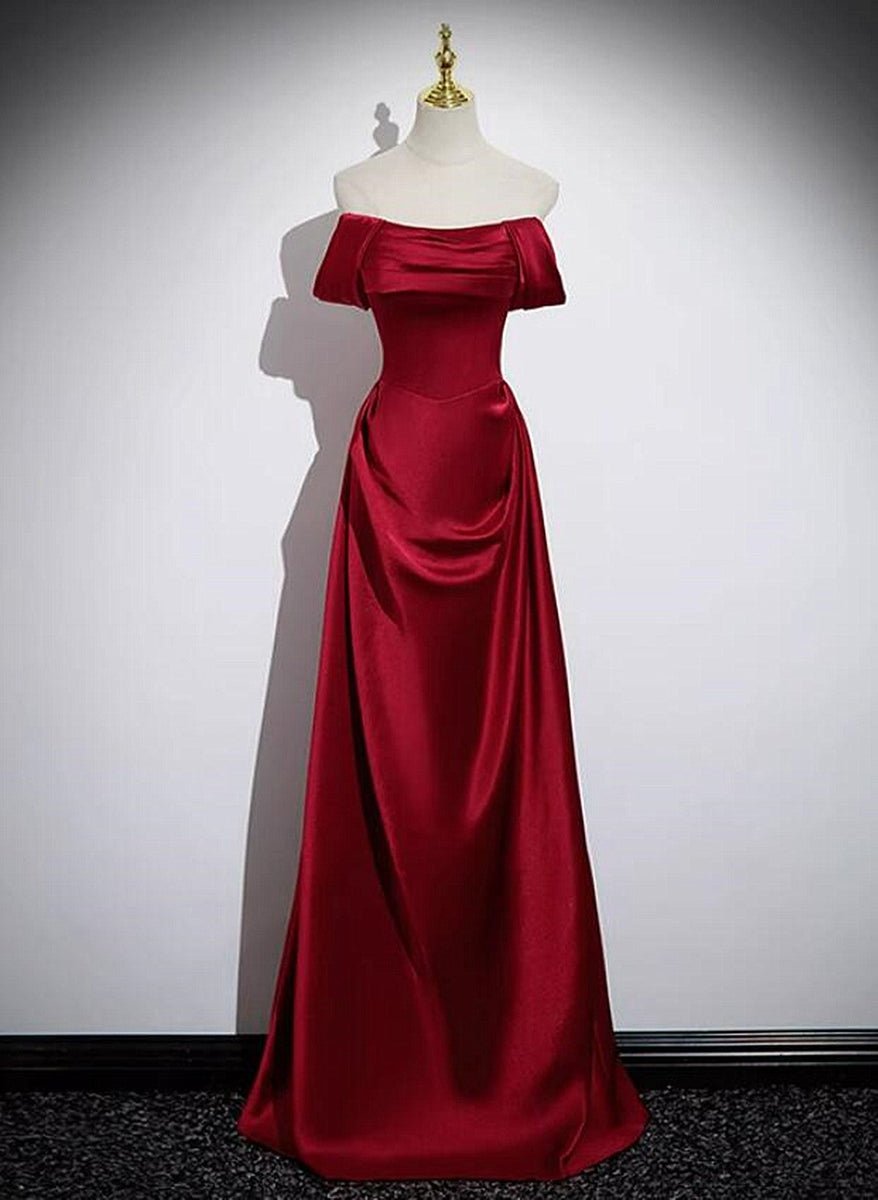 Wine Red Satin Off Shoulder Long Party Dress, A-line Satin Prom Dress ...