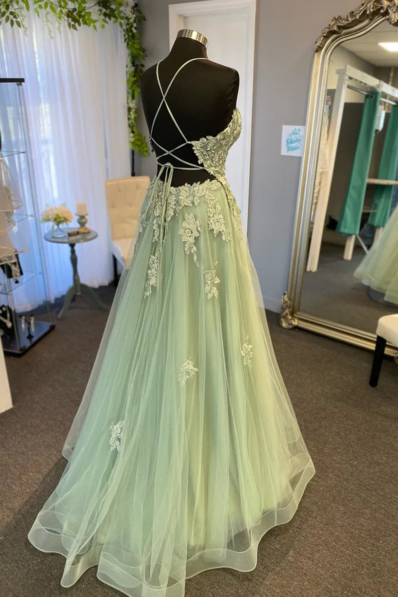 A-line Green Tulle with Lace Applique Cross Back Party Dress, Green Tu ...