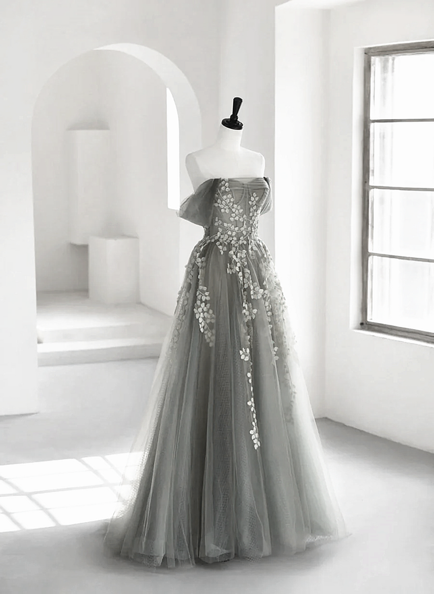 Light Grey A-line Tulle Long Formal Dress, Grey Tulle with Lace Appliq ...