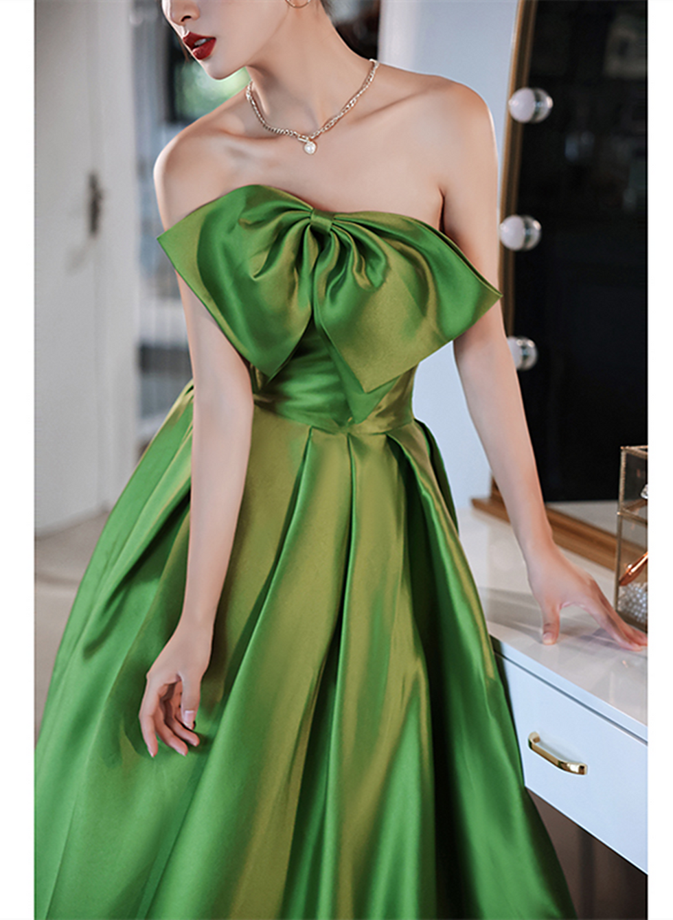 Green Satin A-line Long Formal Dress, Green Simple Pretty Floor Length ...