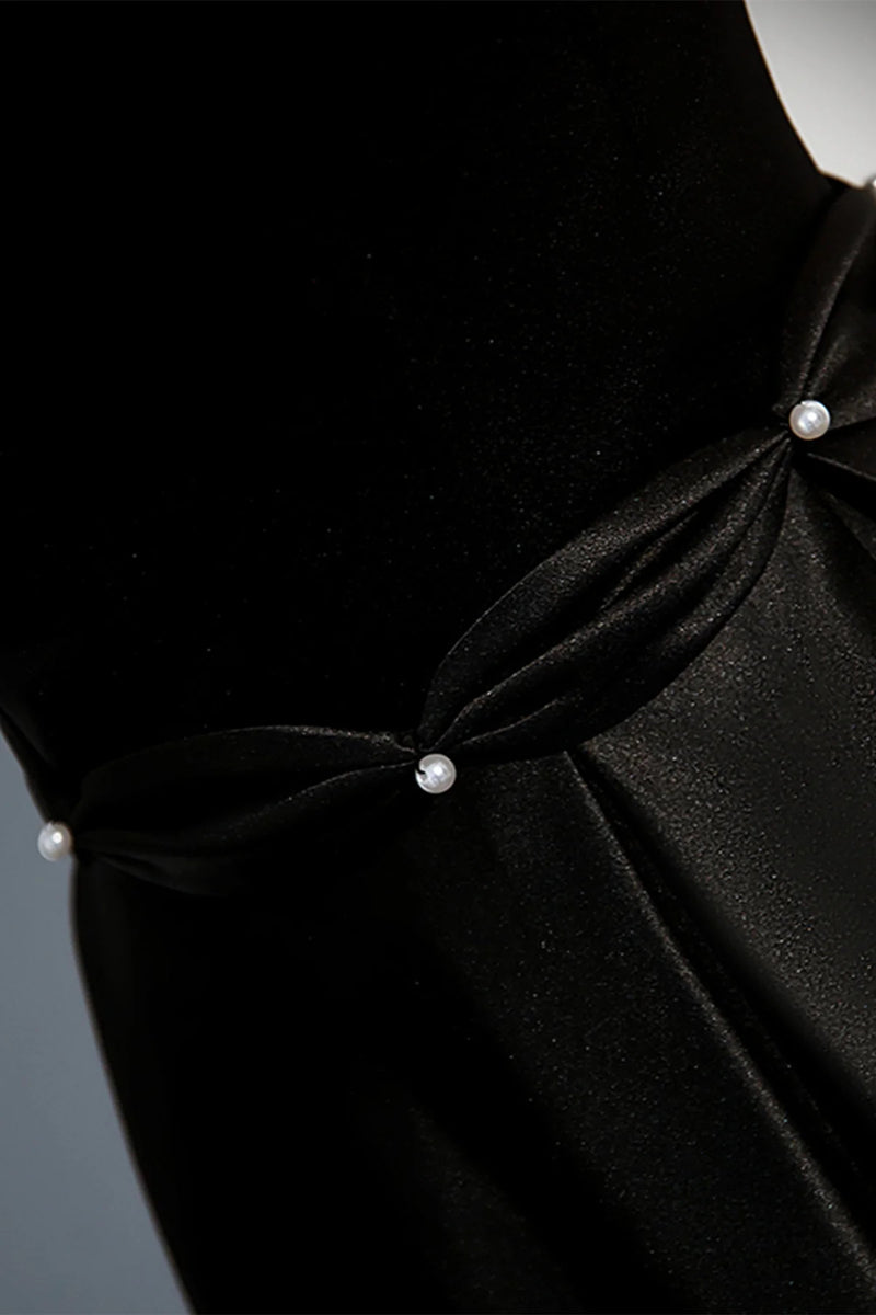 A-line Black Satin Straps Long Formal Dress, Black Simple Prom Dress ...