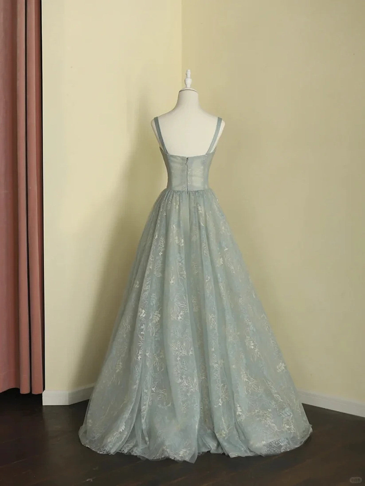 Light Green Straps A-line Tulle with Lace Floor Length Party Dress, Li ...