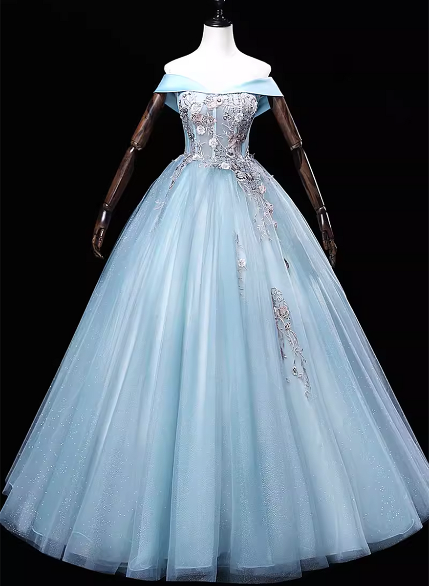 Light Blue Off Shoulder Flowers Tulle Long Party Dress, Light Blue Swe ...