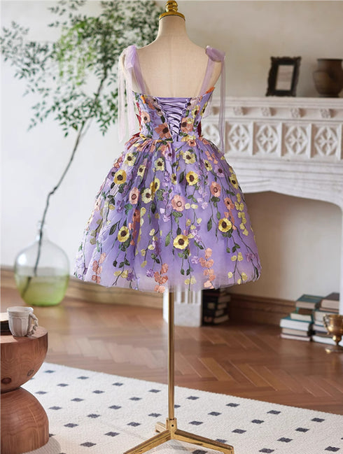 Light Purple Lace Flowers Short Homecoming Dress, Purple Short Prom Dr ...
