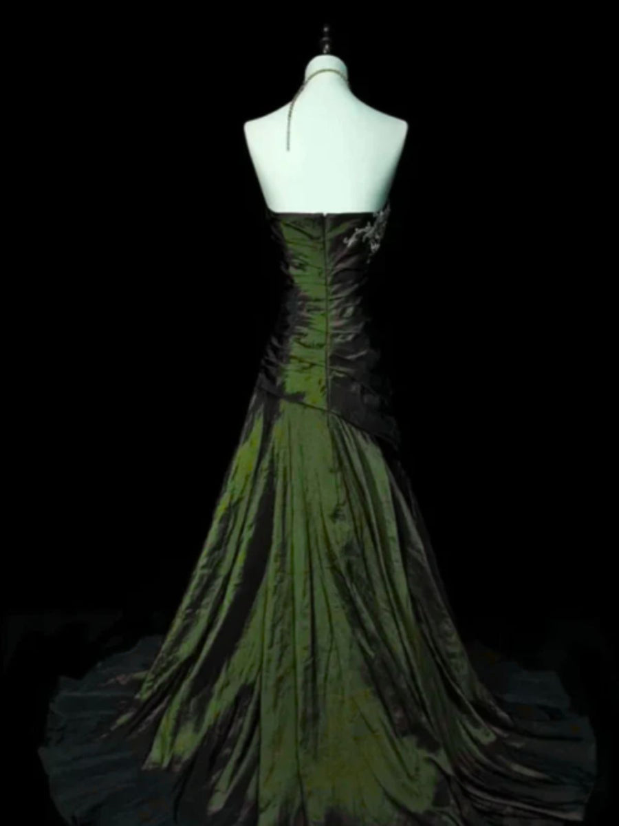 Green Taffeta Sweetheart with Lace Long Formal Dress, Green Taffeta Ev ...