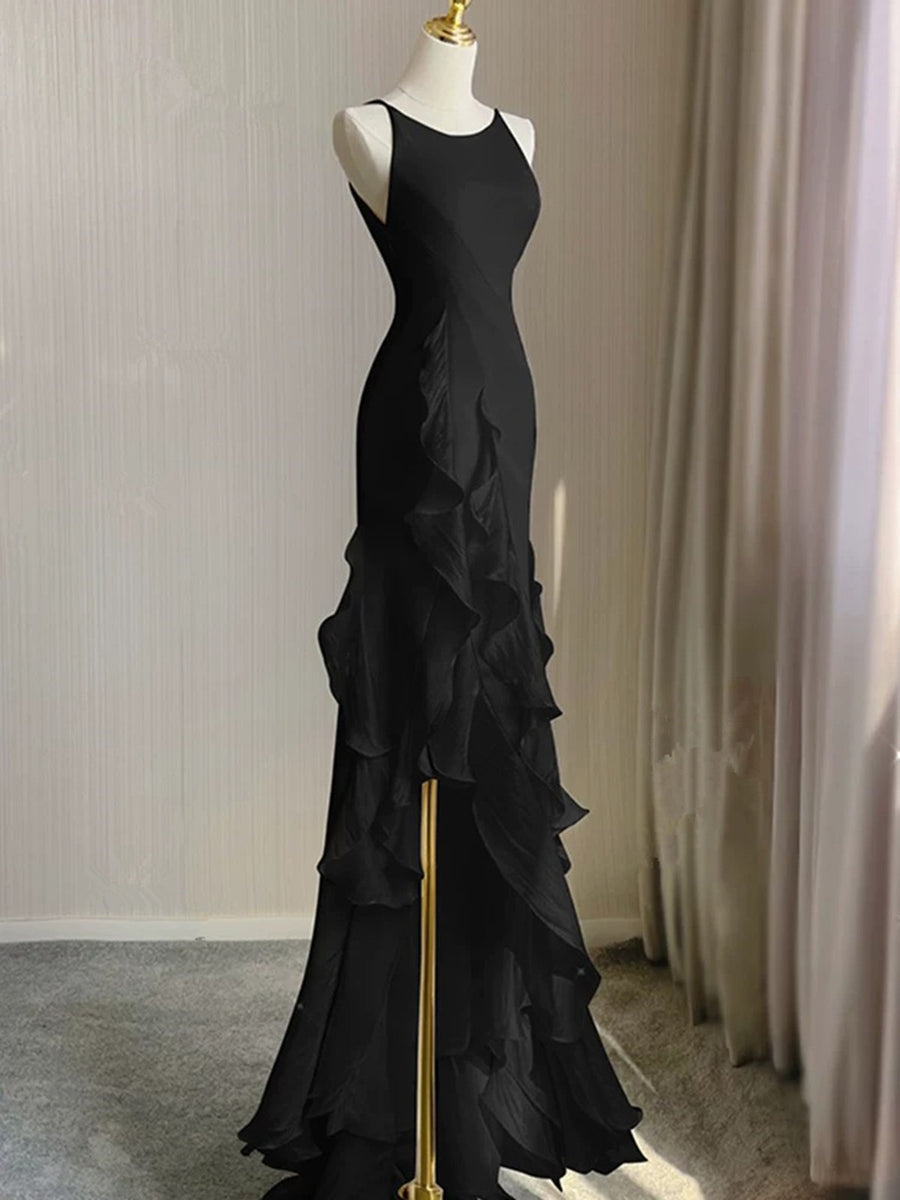 Black Mermaid Round Neckline Low Back Party Dress, Black High Low Prom ...
