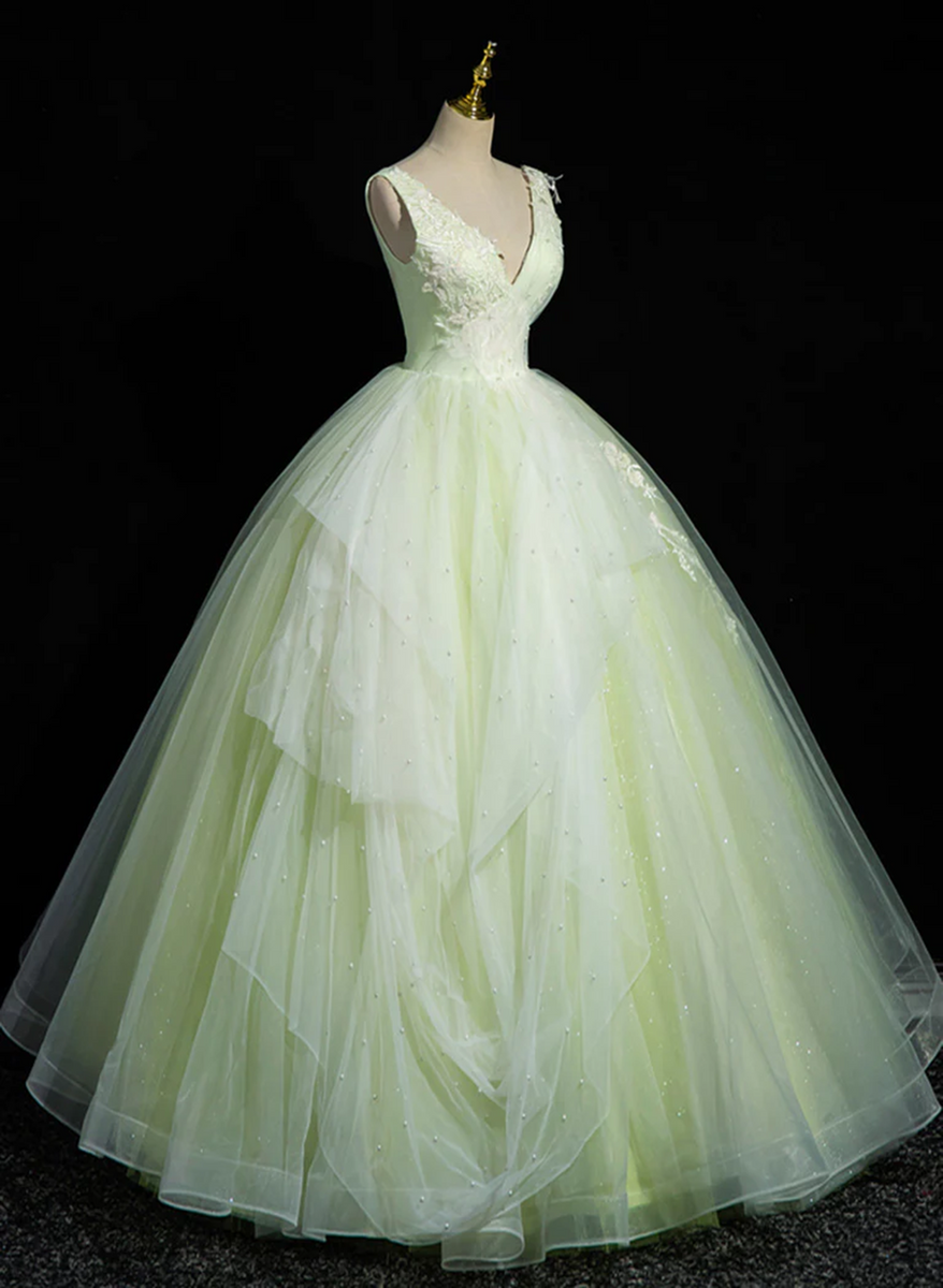 Light Green V-neckline Tulle Long Party Dress, Light Green Sweet 16 Dr ...