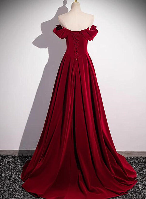 Wine Red Off Shoulder Beaded Long Velvet Party Dress, Wine Red Prom Dr ...