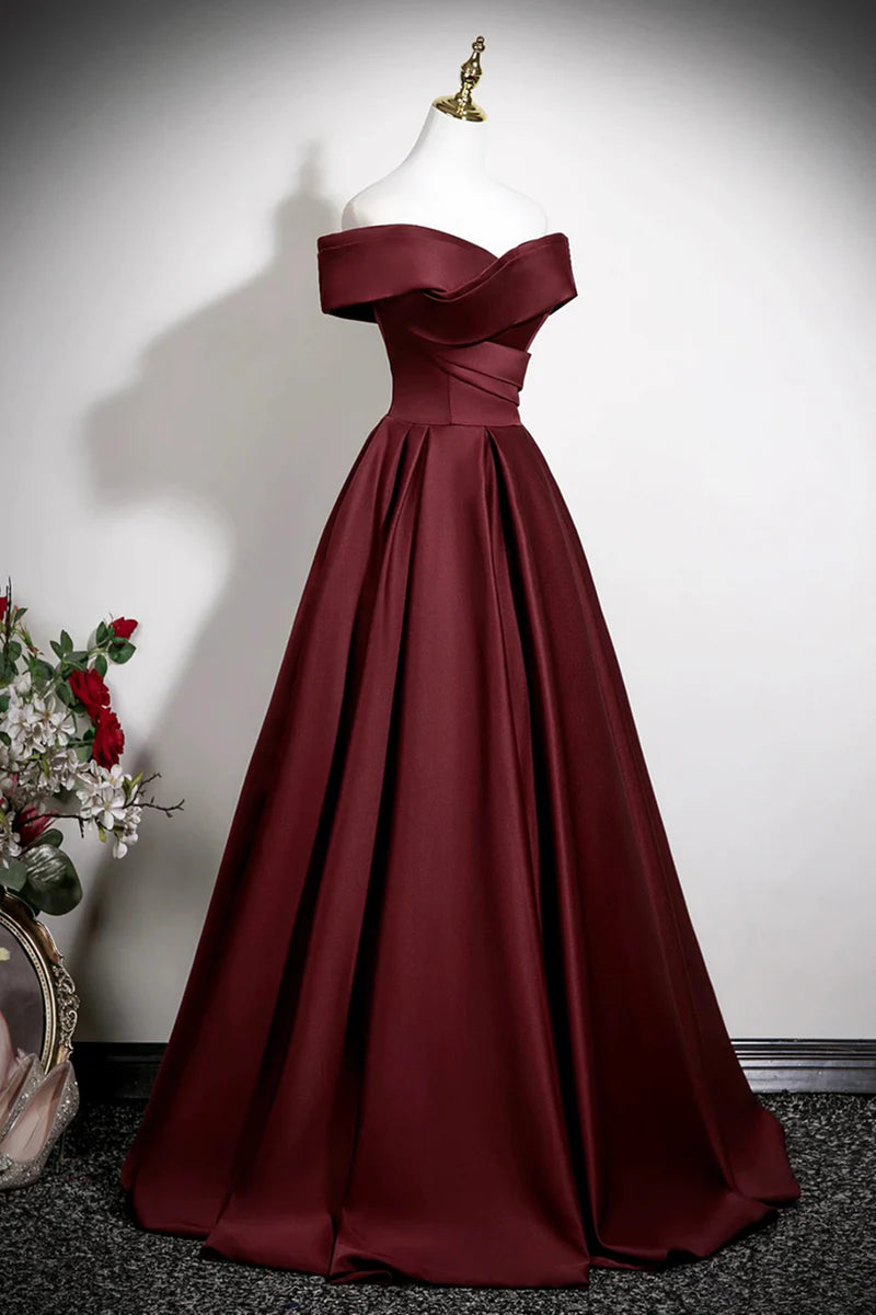 Wine Red Off Shoulder A-line Satin Floor Length Party Dress, Wine Red ...