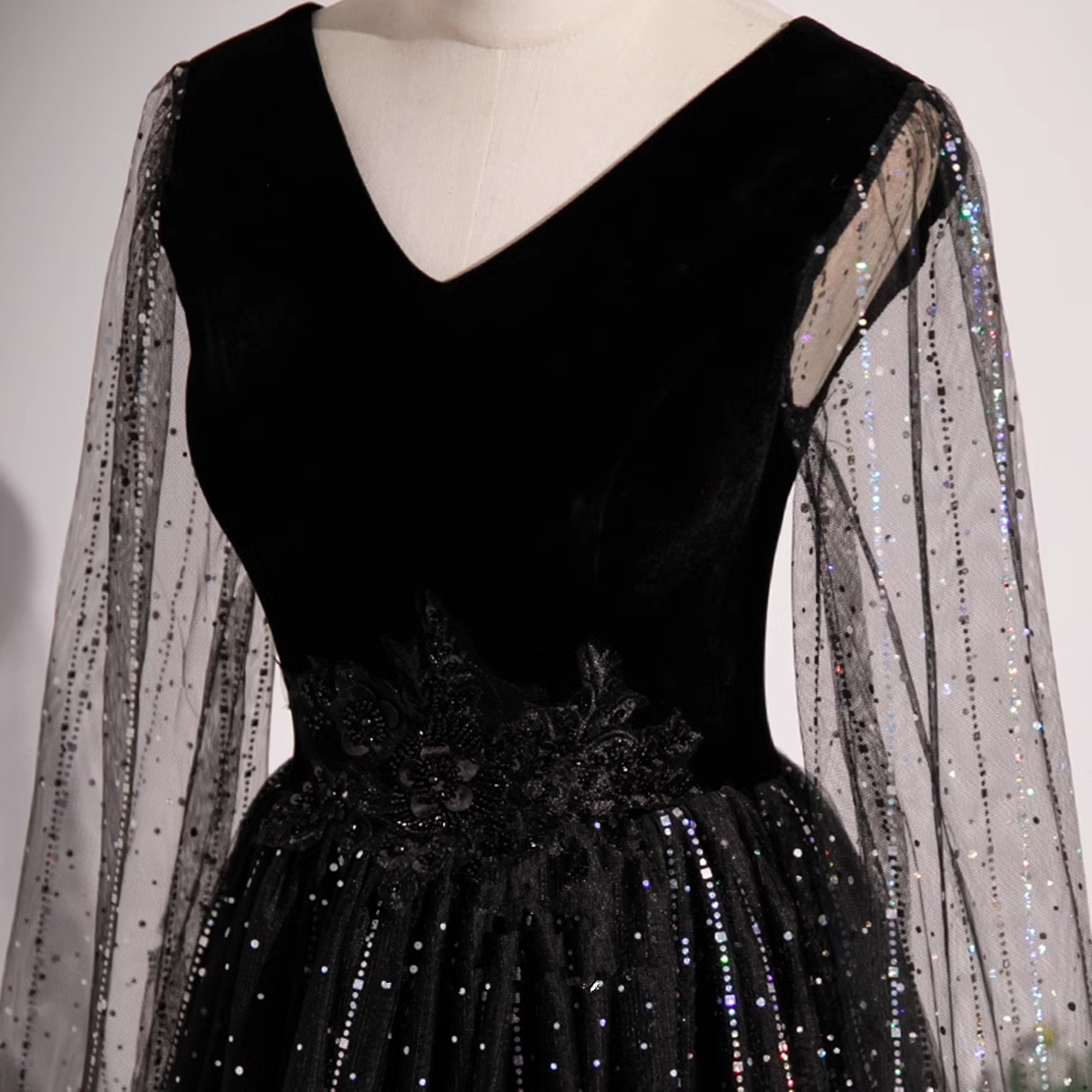 Black Shiny Tulle Gradient Tulle V-neckline Party Dress, Black Tulle P ...