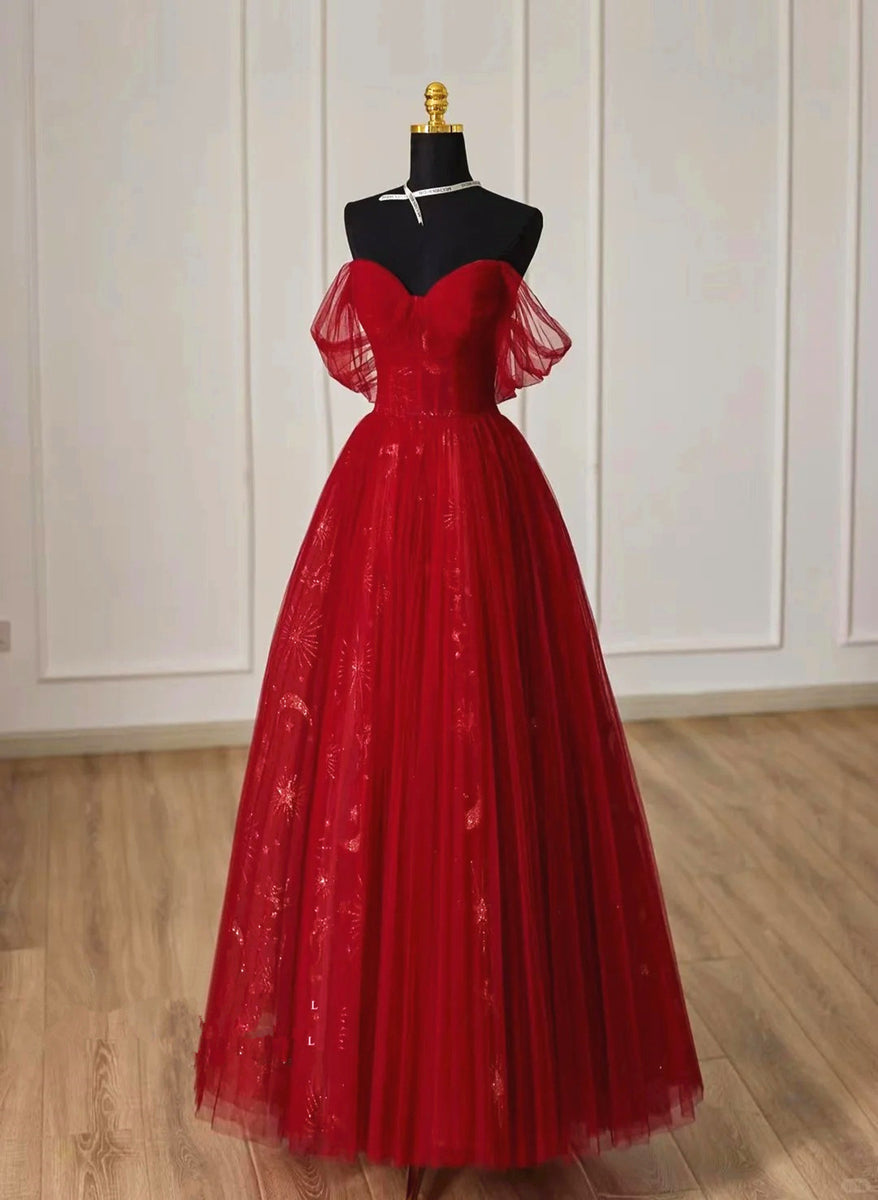 Lovely Wine Red Tulle Sweetheart Off Shoulder Prom Dress, Wine Red Lon ...