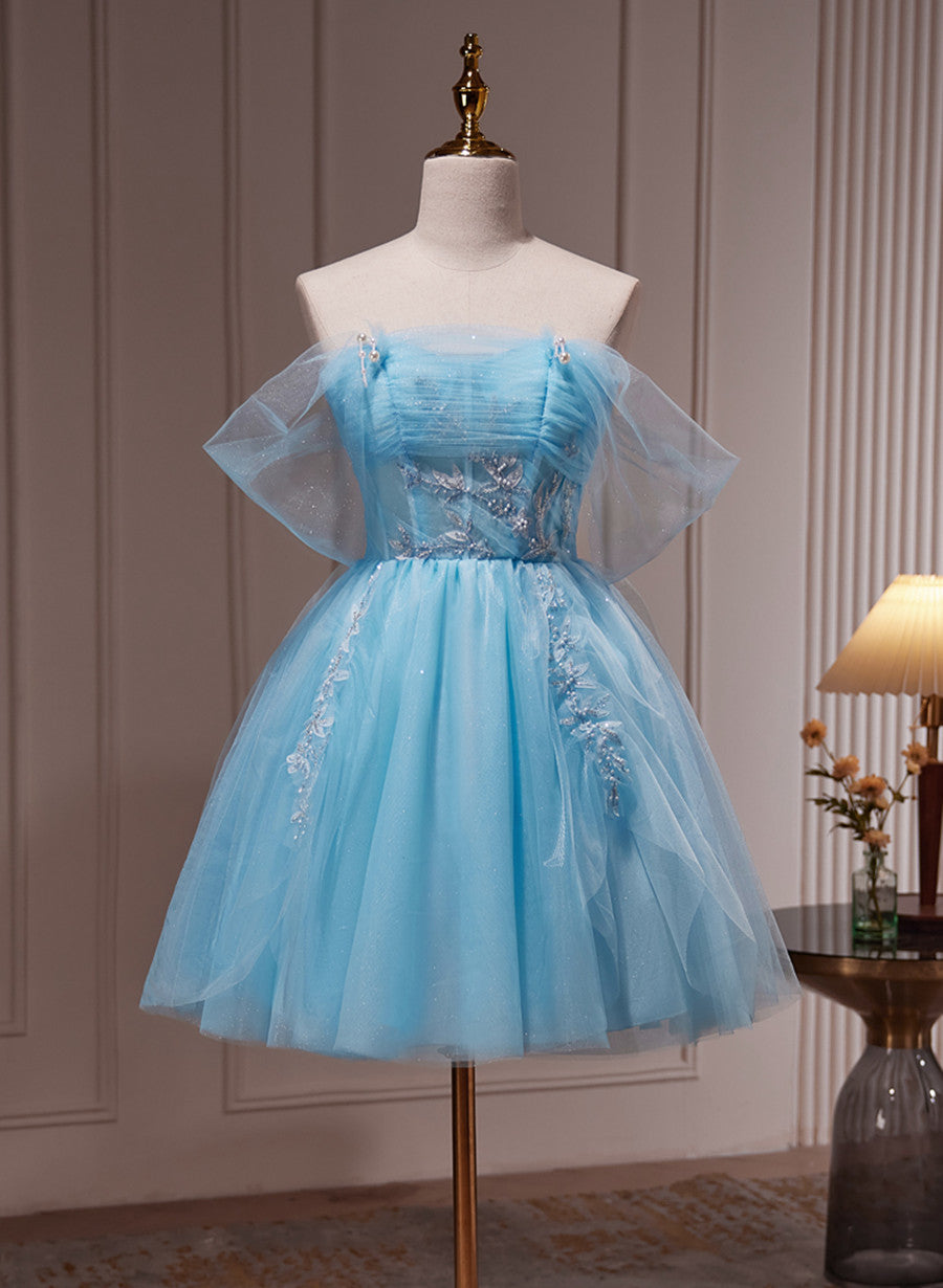 Light Blue Beaded Sweetheart Tulle Lace-up Party Dress, Blue Short Hom ...