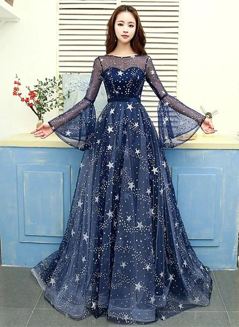 A-line Navy Blue Round Neckline Long Party Dress, Navy Blue Long Prom ...