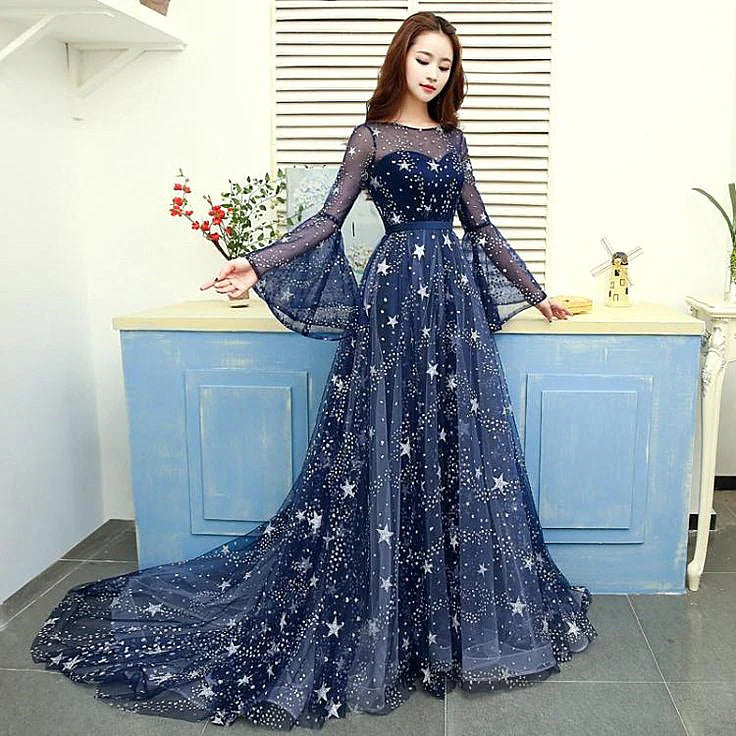 A-line Navy Blue Round Neckline Long Party Dress, Navy Blue Long Prom ...