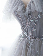 Chic Grey Beaded Layers Tulle Long Formal Dress, Grey Off Shoulder Pro ...