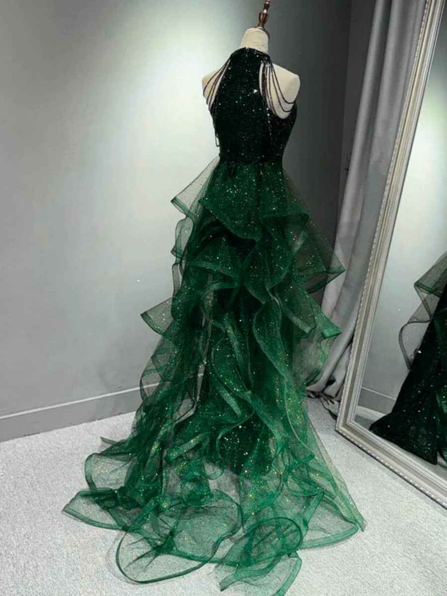 Green Tulle and Sequins Beaded Long Formal Dress, Green A-line Prom Dr ...