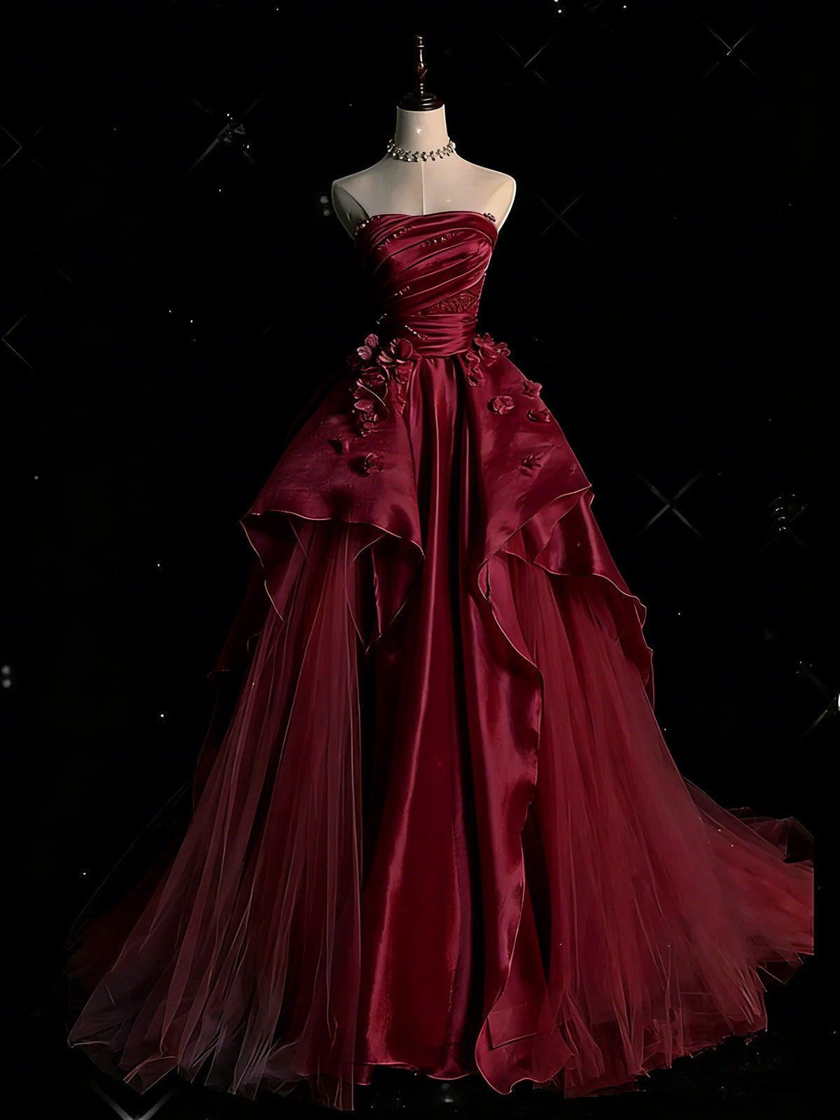 Wine Red Layered Tulle Gown with Floral Prom Dress, Strapless A-line P ...
