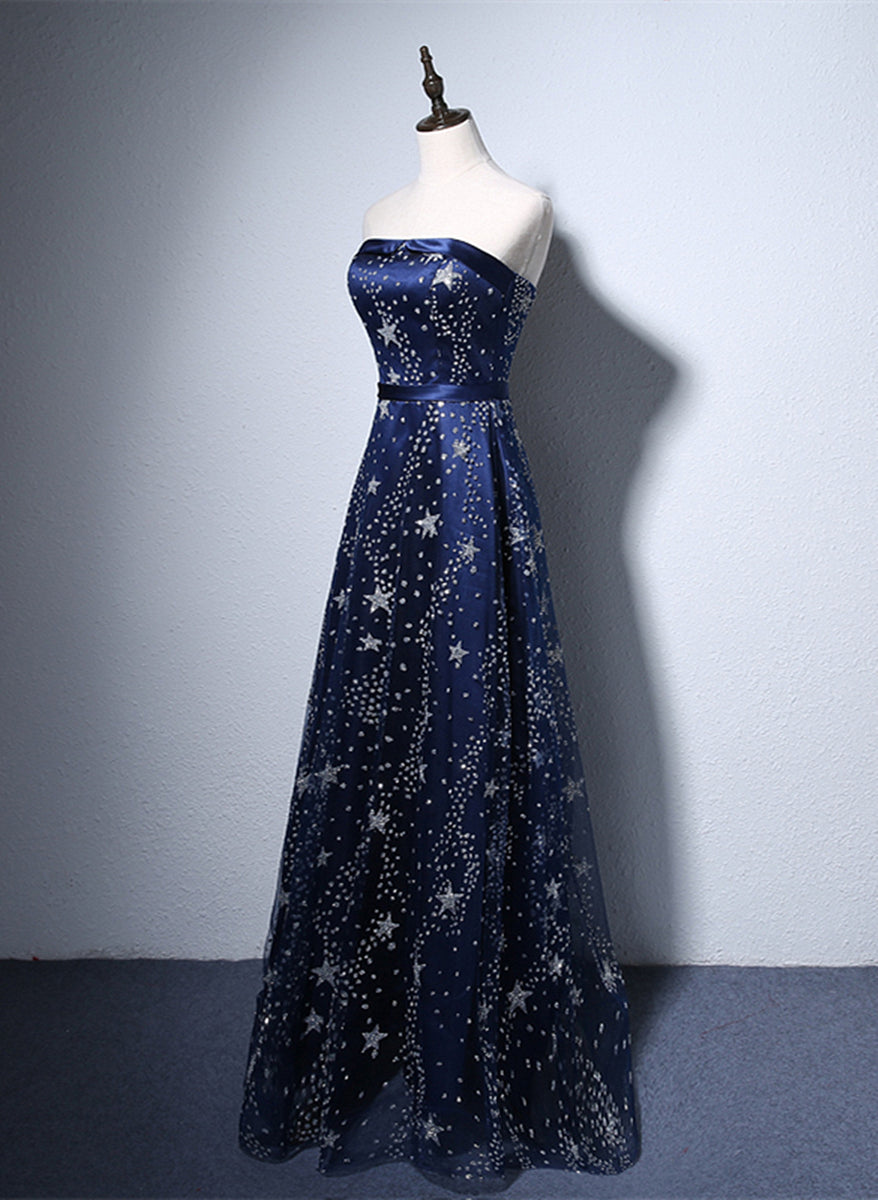 Navy Blue A-line Tulle Long Evening Dress, Navy Blue Prom Dress ...