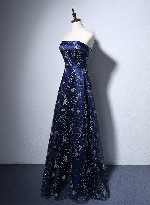 Navy Blue A-line Tulle Long Evening Dress, Navy Blue Prom Dress ...