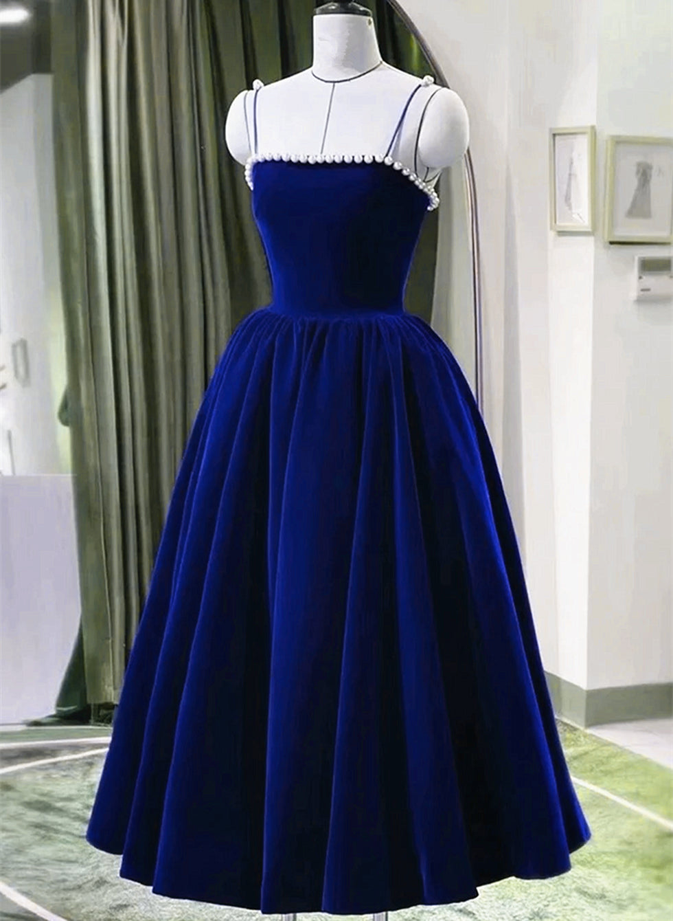 Blue Tea Length Velvet Straps Pearls Formal Dress, Blue Homecoming Dre ...