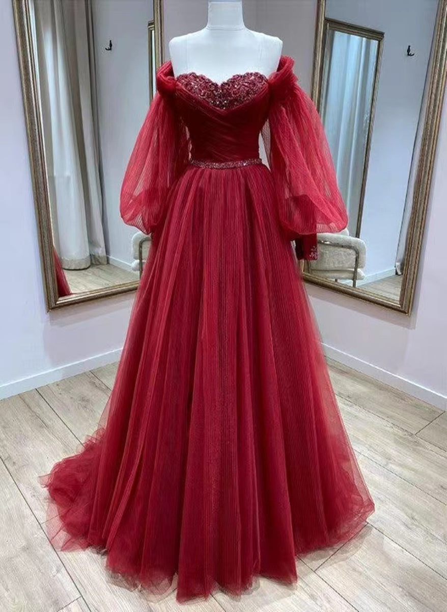 Wine Red Tulle with Puffy Sleeves Long Party Dress, Wine Red Prom Dres ...