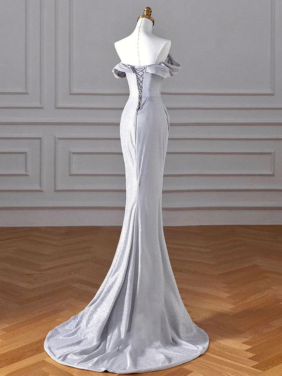 Sliver Off Shoulder Scoop Long Party Dress with Leg Slit, Sliver Prom ...