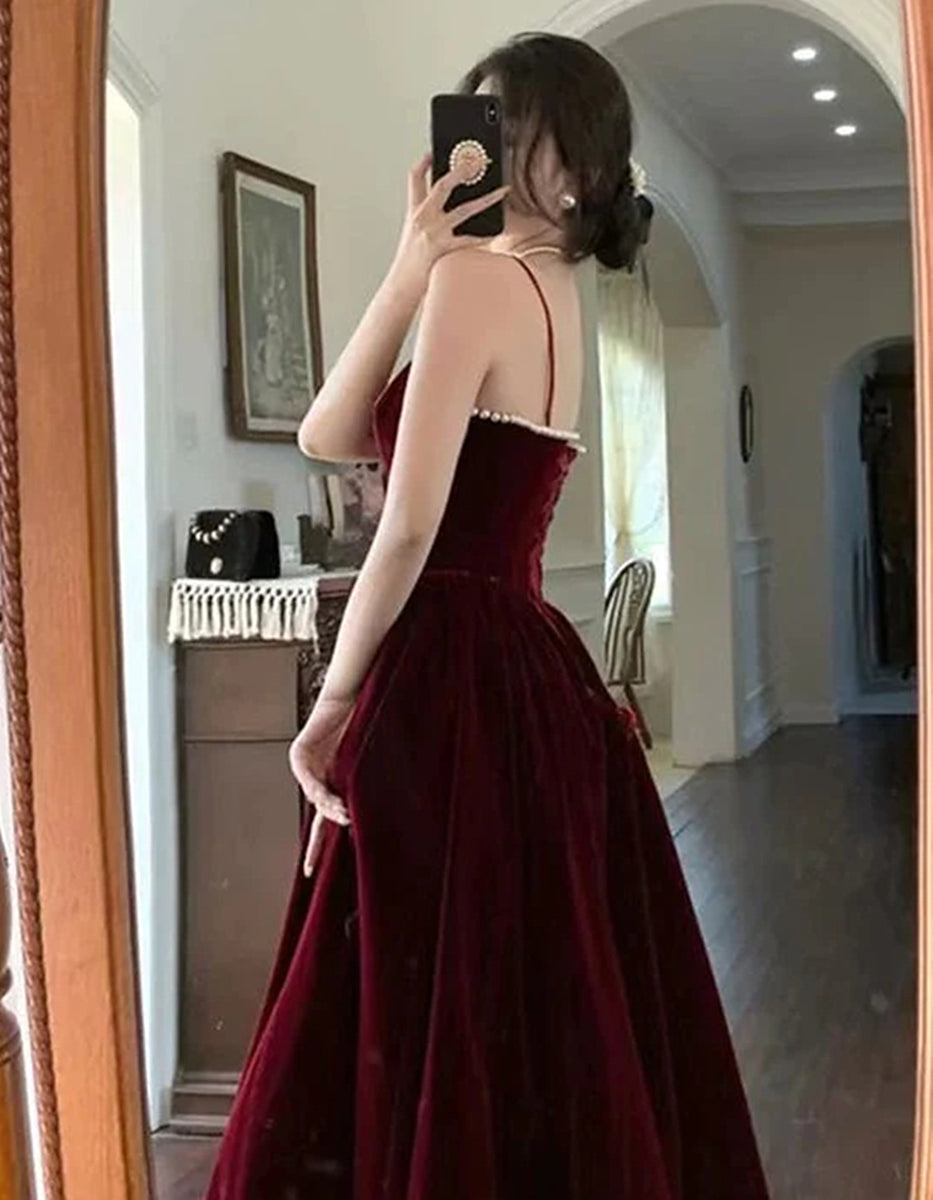 Wine Red Velvet Straps Long Evening Dress, Wine Red Velvet Prom Dress ...