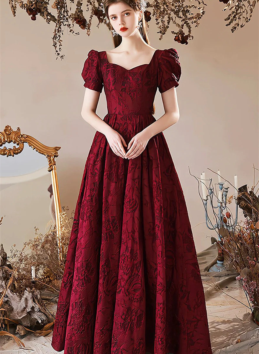 Wine Red Sweetheart Floral A-line Prom Dress, Wine Red Evening Dress P ...