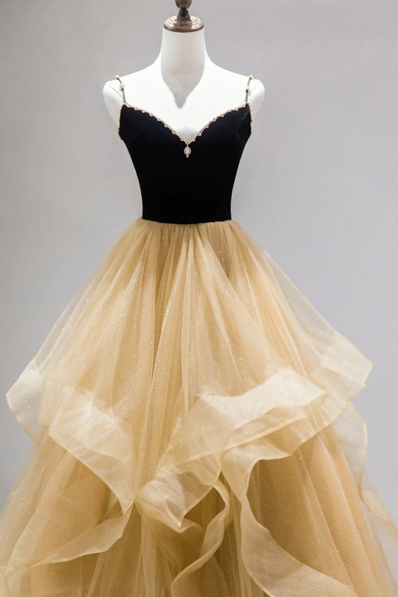 Champagne Tulle A-line Sweetheart Beaded Straps Prom Dress, Champagne ...