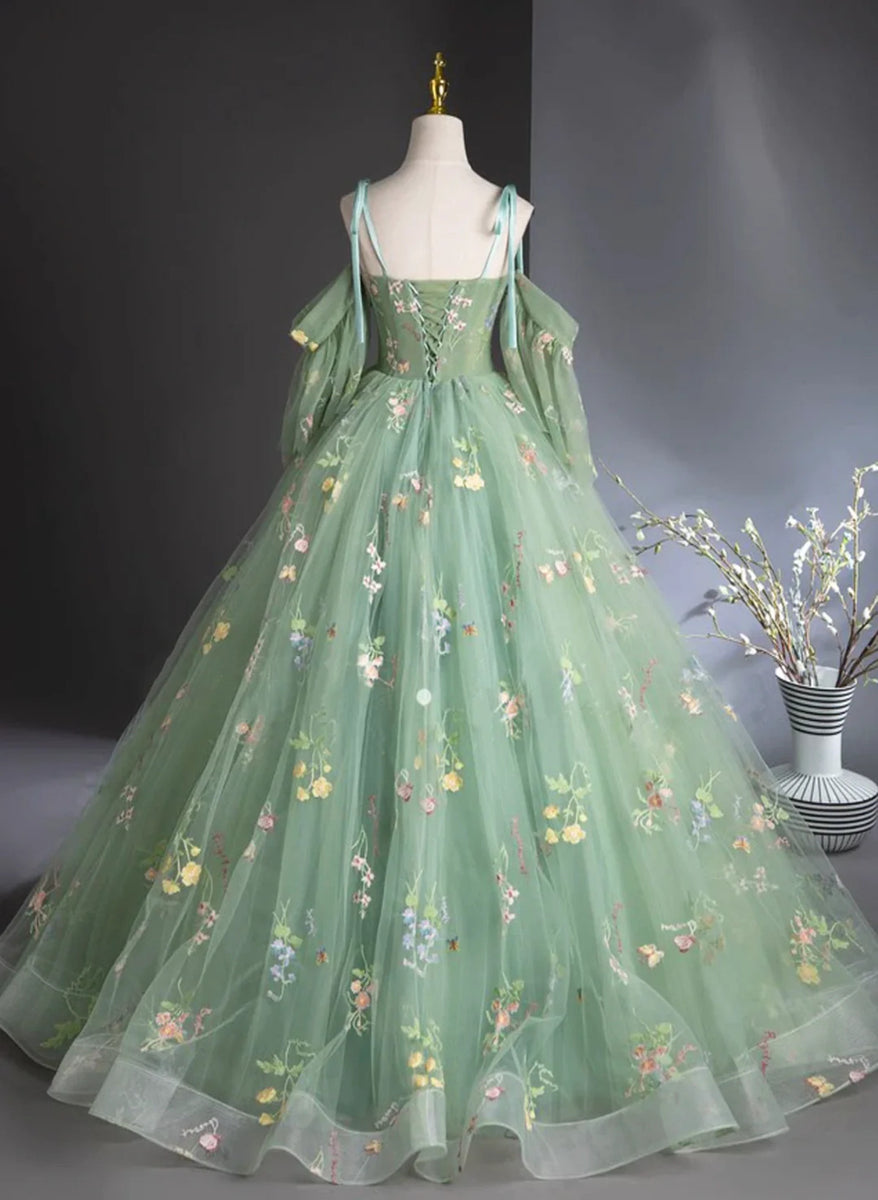 Green Tulle Floral Long Party Dress Prom Dress, Green Off Shoulder Par ...