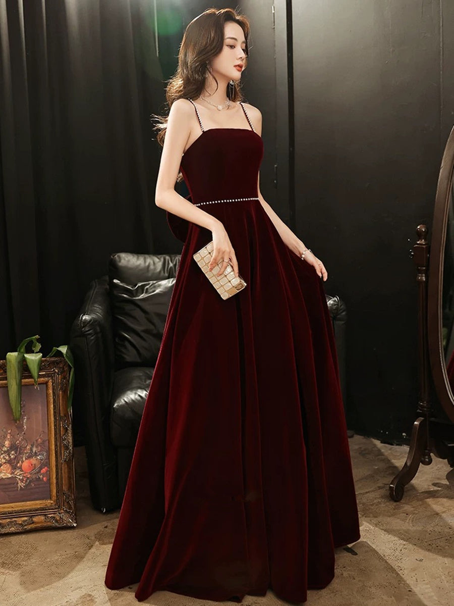 Wine Red Velvet Straps Long Party Dress with Bow, Wine Red Prom Dress ...