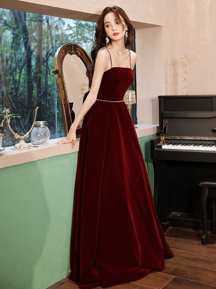 Wine Red Velvet Straps Long Party Dress with Bow, Wine Red Prom Dress ...