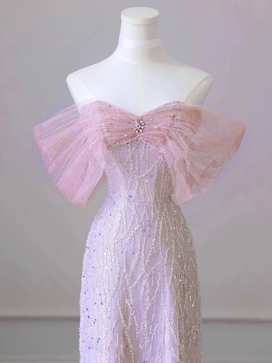 Lovely Pink Sweetheart Tulle Beaded Off Shoulder Party Dress, Pink Tul ...