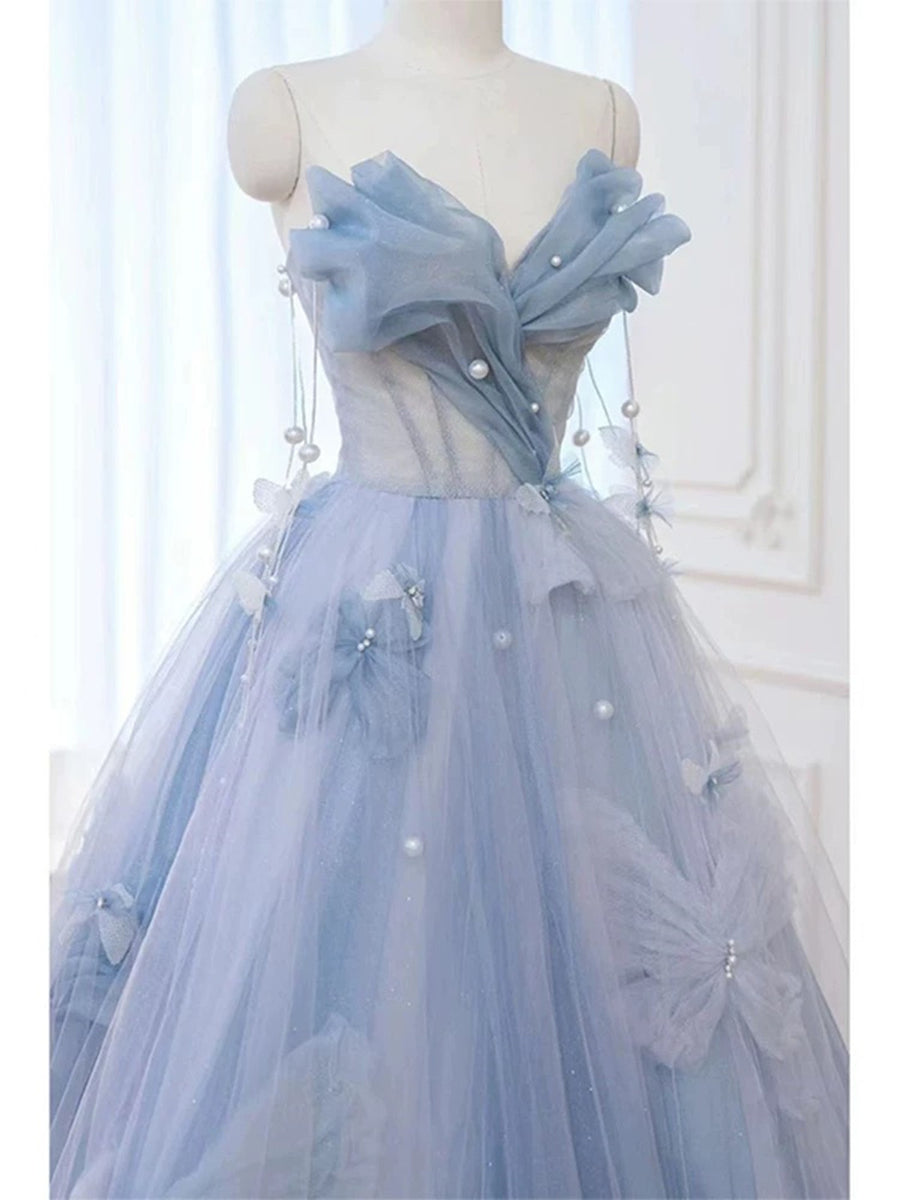 Light Blue Tulle Beaded Sweetheart Long Prom Dress, Light Blue Tulle E ...