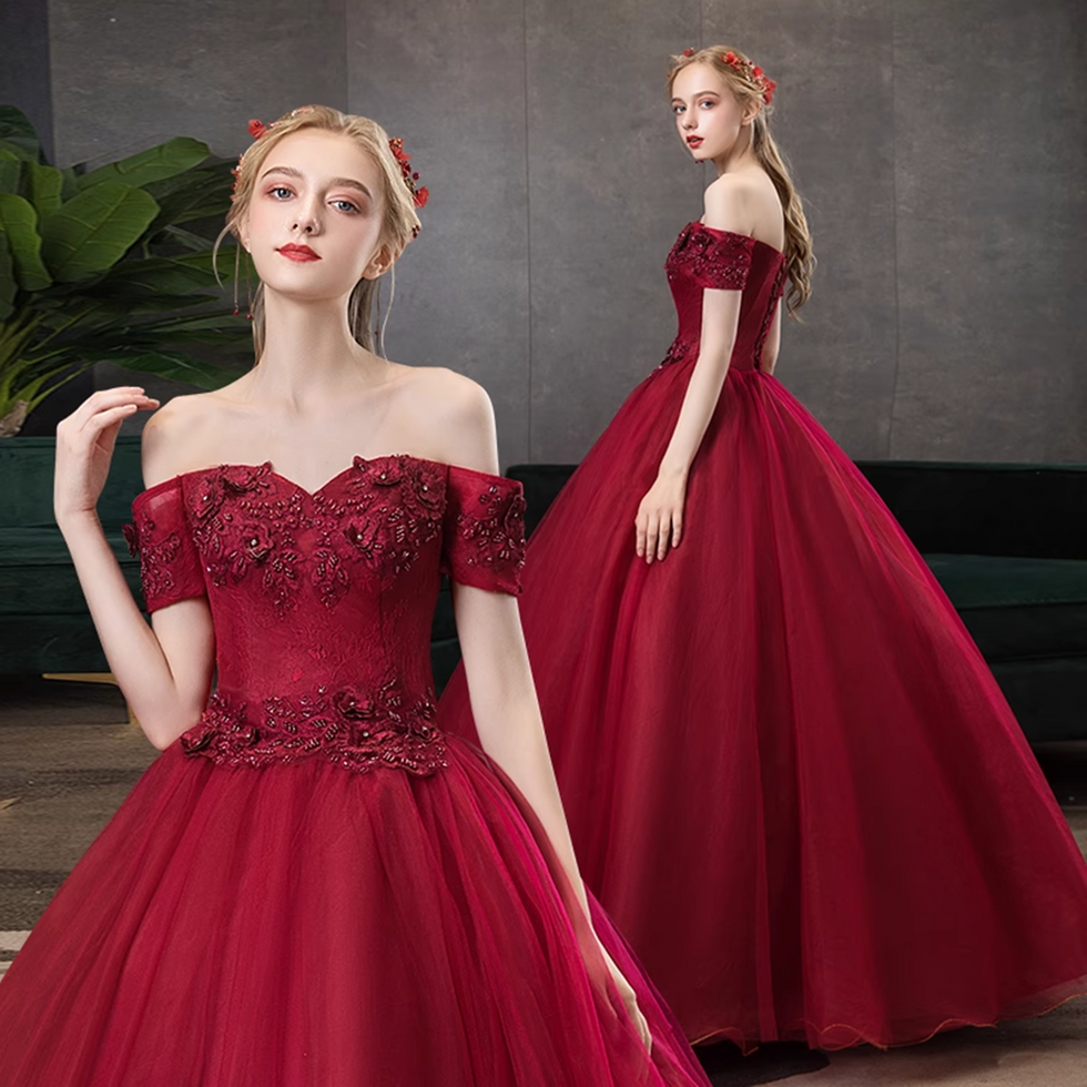 Wine Red Ball Gown Sweetheart Off Shoulder Party Dress, Wine Red Sweet ...