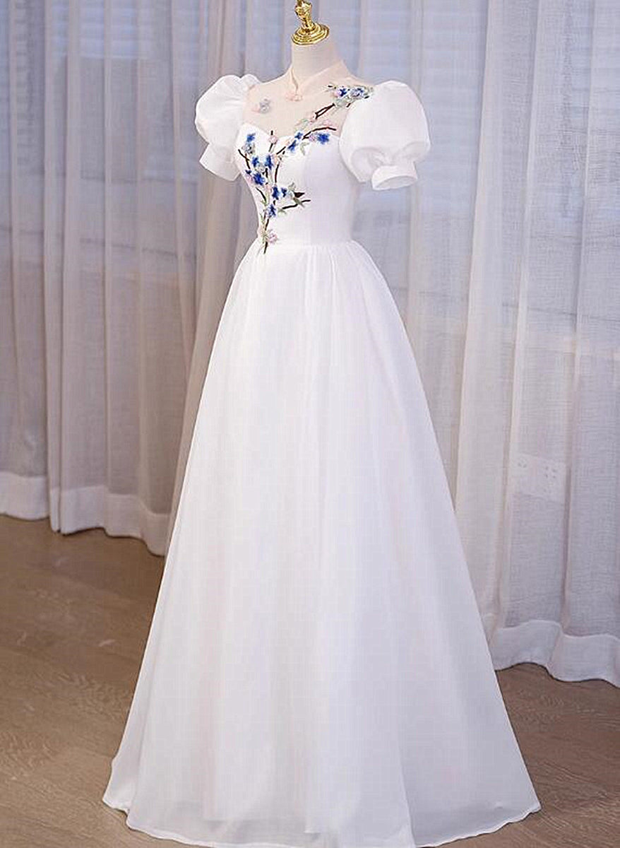 White High Neckline A-line Short Sleeves Party Dress, White Long Forma ...