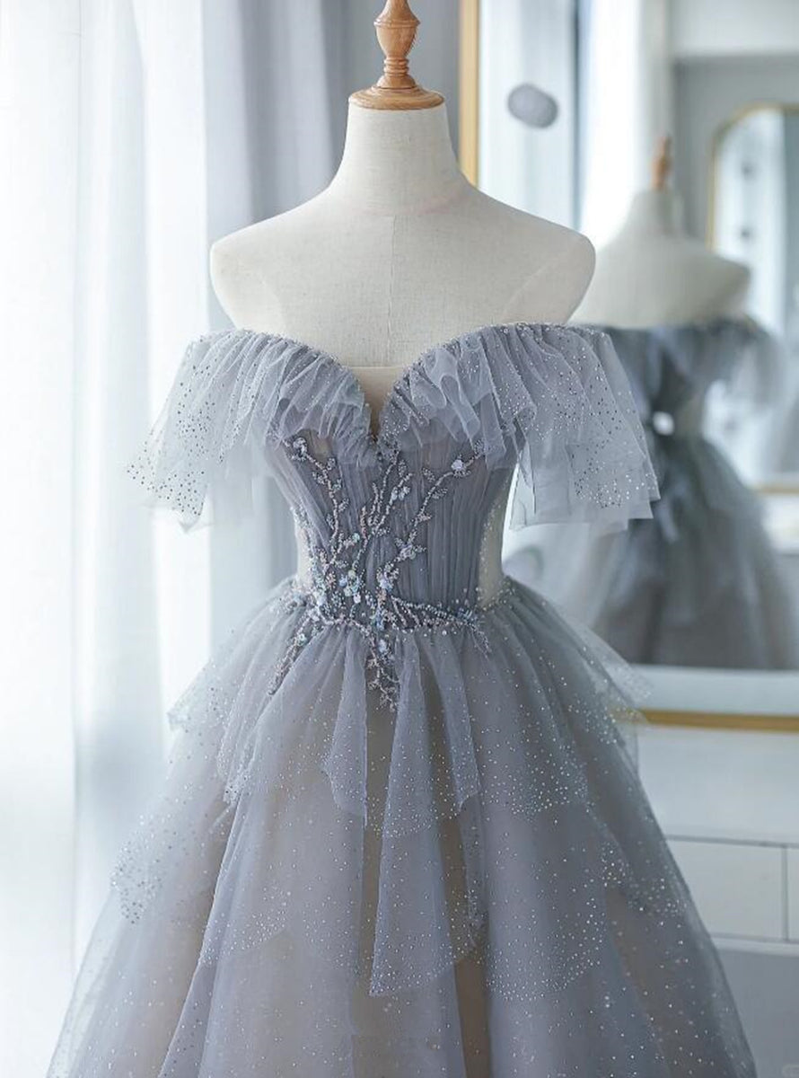Chic Grey Beaded Layers Tulle Long Formal Dress, Grey Off Shoulder Pro ...