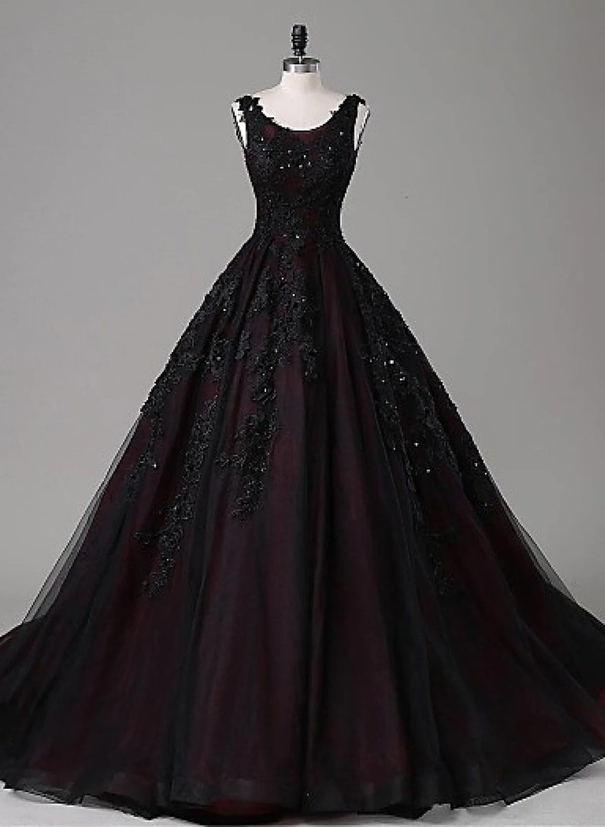 Black and Red Backless Tulle Long Formal Gown, Black and Red Long Prom ...