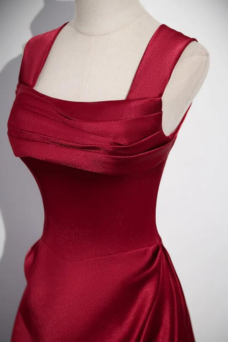 Wine Red Straps Satin Scoop Floor Length Prom Dress, Wine Red Long Eve ...
